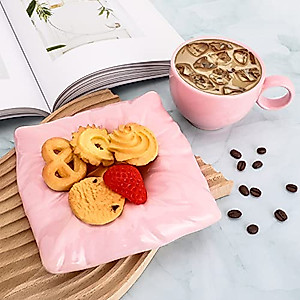 Veisky Ceramic Coffee Mug with pillow Coaster Coffee Spoons 6.7 oz/200 ml Cute Mugs Creative Coffee Milk Tea Mug Home Office Reusable Novelty Coffee Mugs for Kitchen Table Tea Milk (pink)