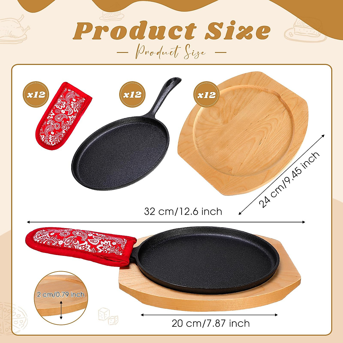 Mimorou 12 Sets Cast Iron Skillet Round Fajita Pan 7.87 Inch Fajita Plate Sizzler Pan with Wooden Base and Anti Scald Protection Hot Mitt for Kitchen BBQ Home Party Restaurant Catering Service