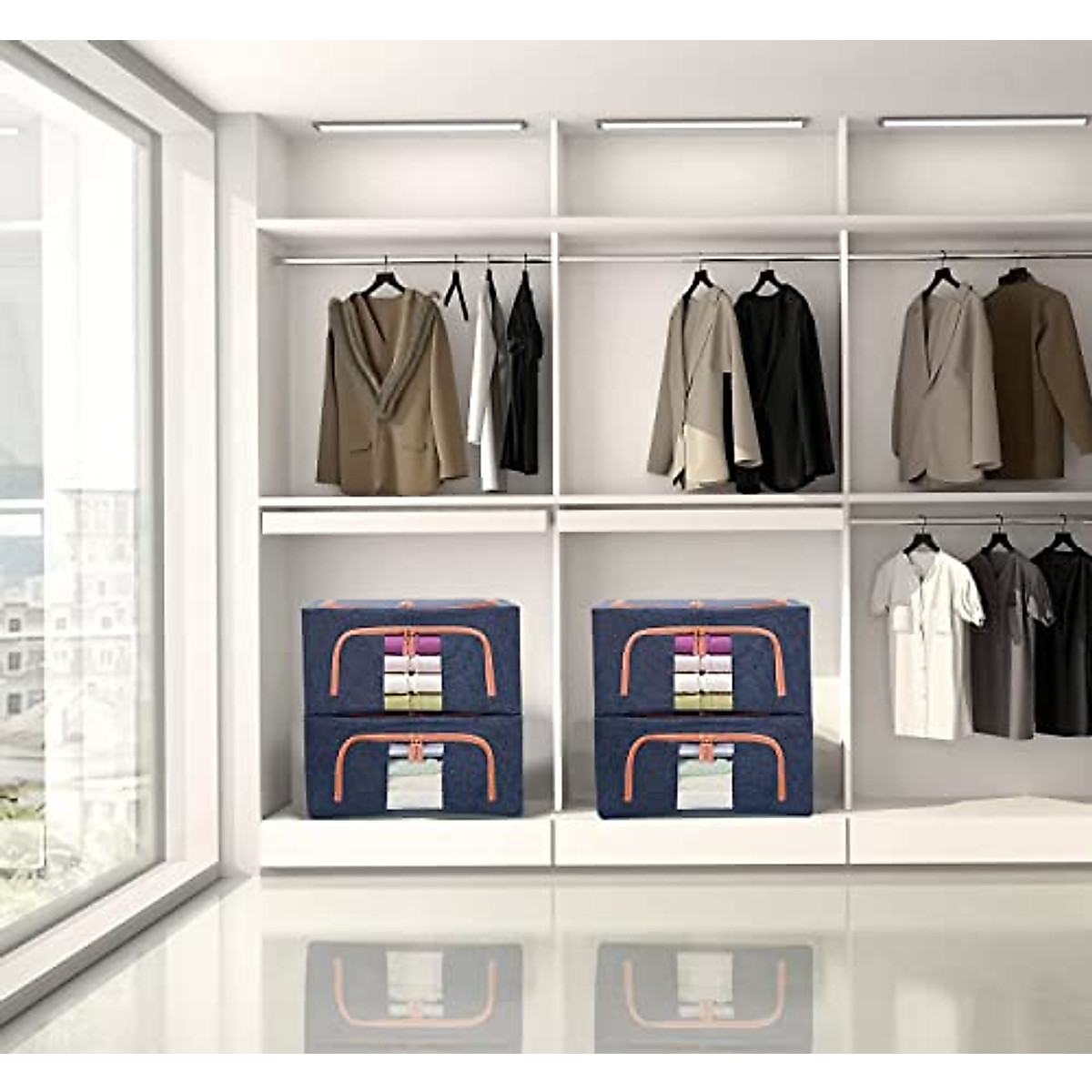 Clothes Storage Bin Boxes, 2 Pack Foldable Clothes Storage Boxes, Stackable Frame Storage Bins Boxes, Fabric Linen Clothes Storage Organzier for Clothes, Blankets, Bedrooms (15.7 x 12 x 7.9inch)