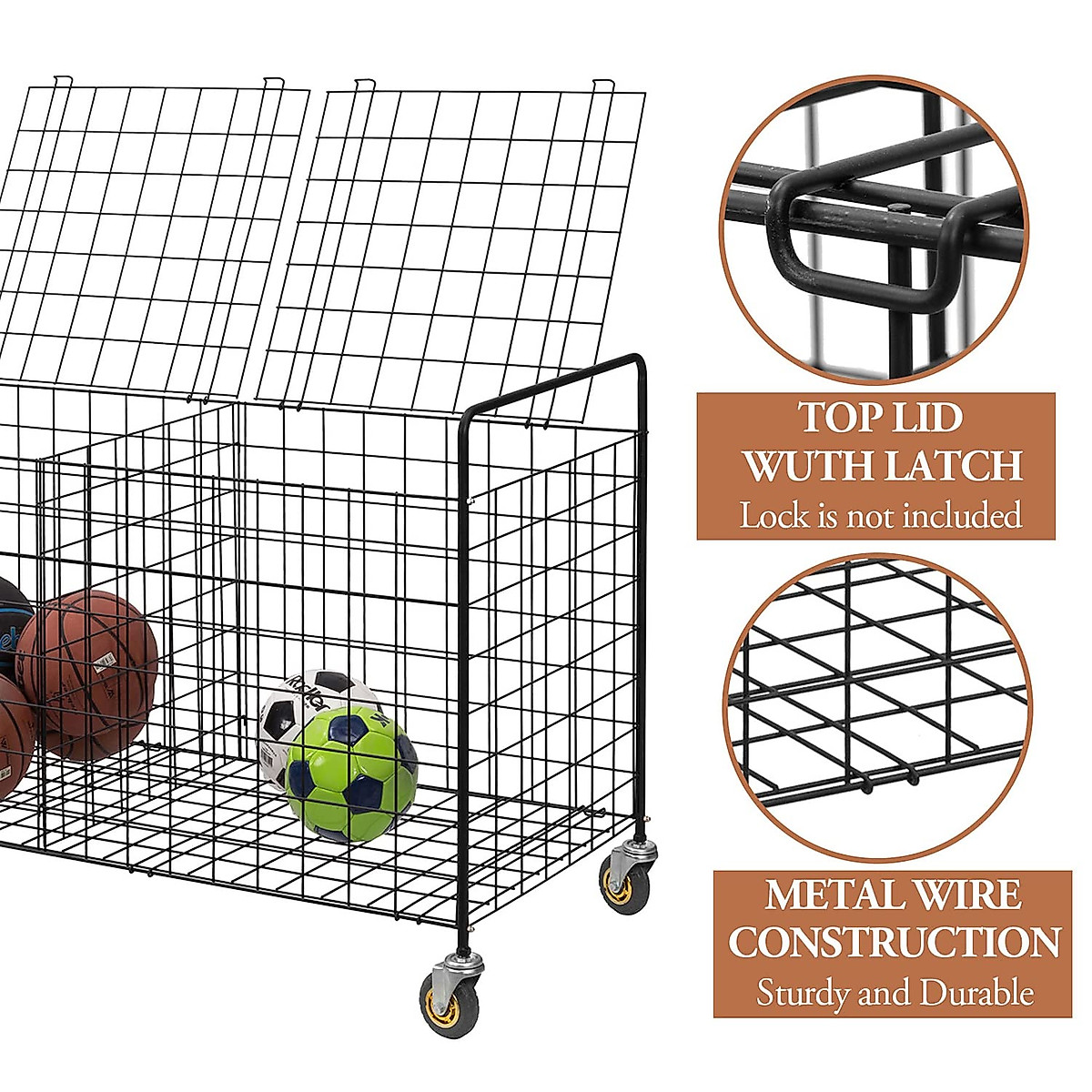 MyGift X-Large Capacity Black Metal Sports Ball and Gym Equipment Storage Rolling Cart with 2 Compartments, Lock Latch and Heavy-Duty Locking Caster Wheels, Garage Ball and Gear Organizer Holder