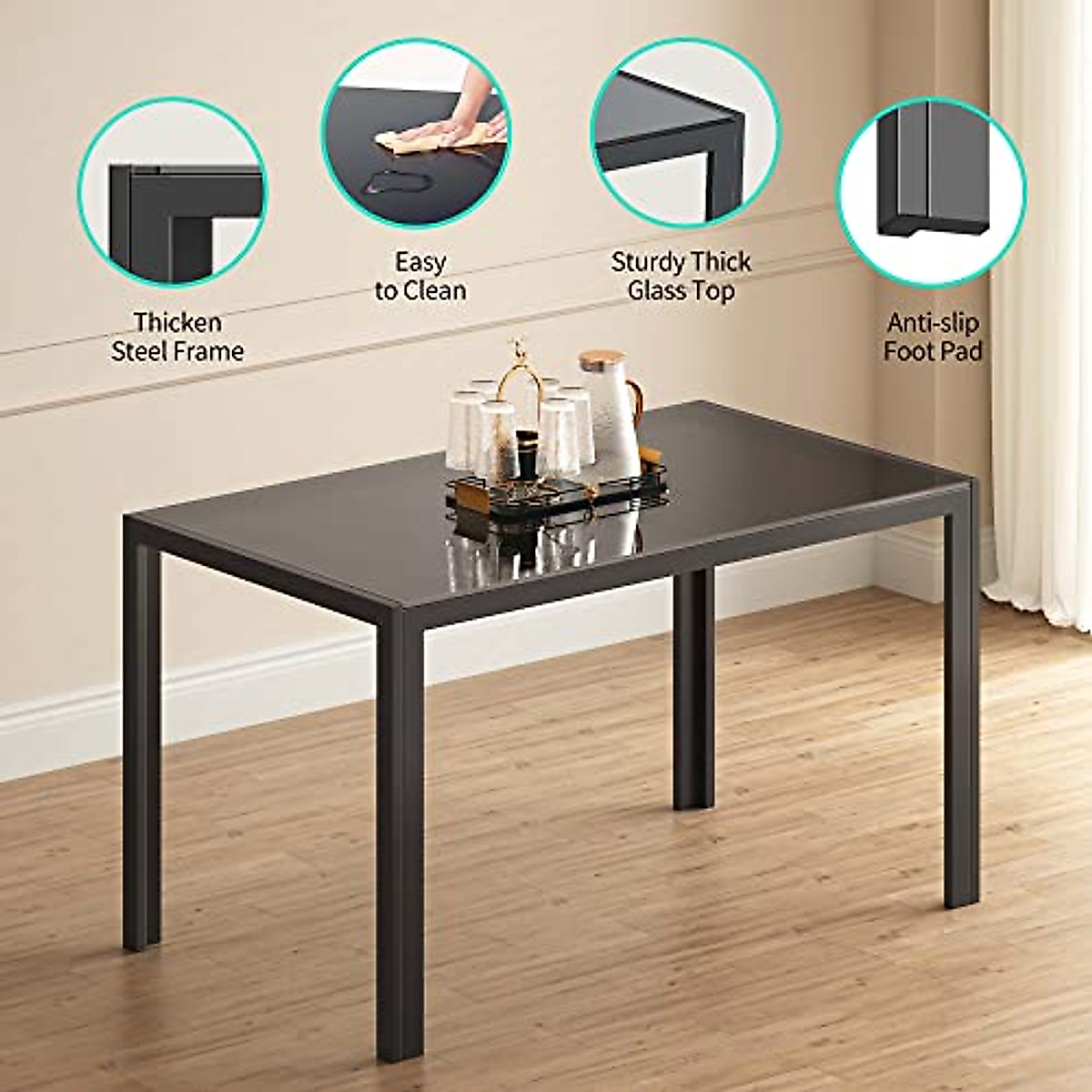 Gizoon 5 Piece Glass Dining Table Set, Kitchen and Chairs for 4, PU Leather Modern Room Sets Home (Black)