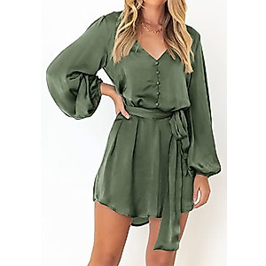 PRETTYGARDEN Women's Spring Long Puff Sleeve Satin Dress V Neck Cocktail Party Belted Short Formal Dresses (Army Green,Medium)