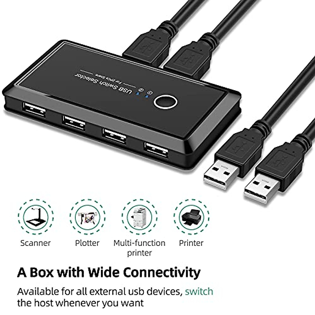 USB Switch Selector KVM Switch 2 Computers Sharing 4 USB Devices USB 2.0 Peripheral Switcher Box Hub for Mouse Keyboard Scanner Printer PCs with One-Button Swapping and 2 Pack USB A to A Cable