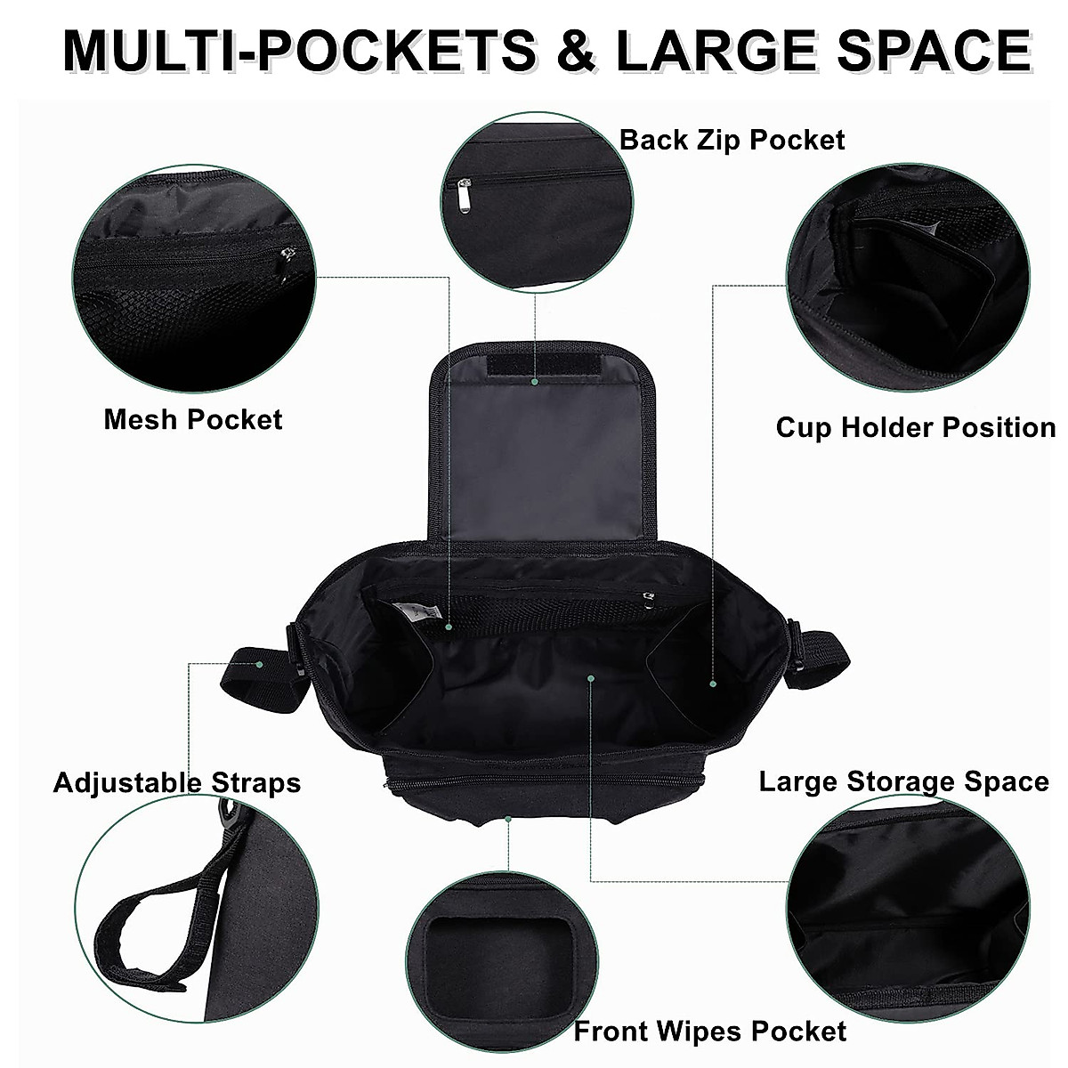 Baby Stroller Organizer - Stroller Accessories Bag Large Space with 2 Cup Holders Multiple Zipper Pockets for Bottle, Diaper, Phone, Toys - Universal Fit