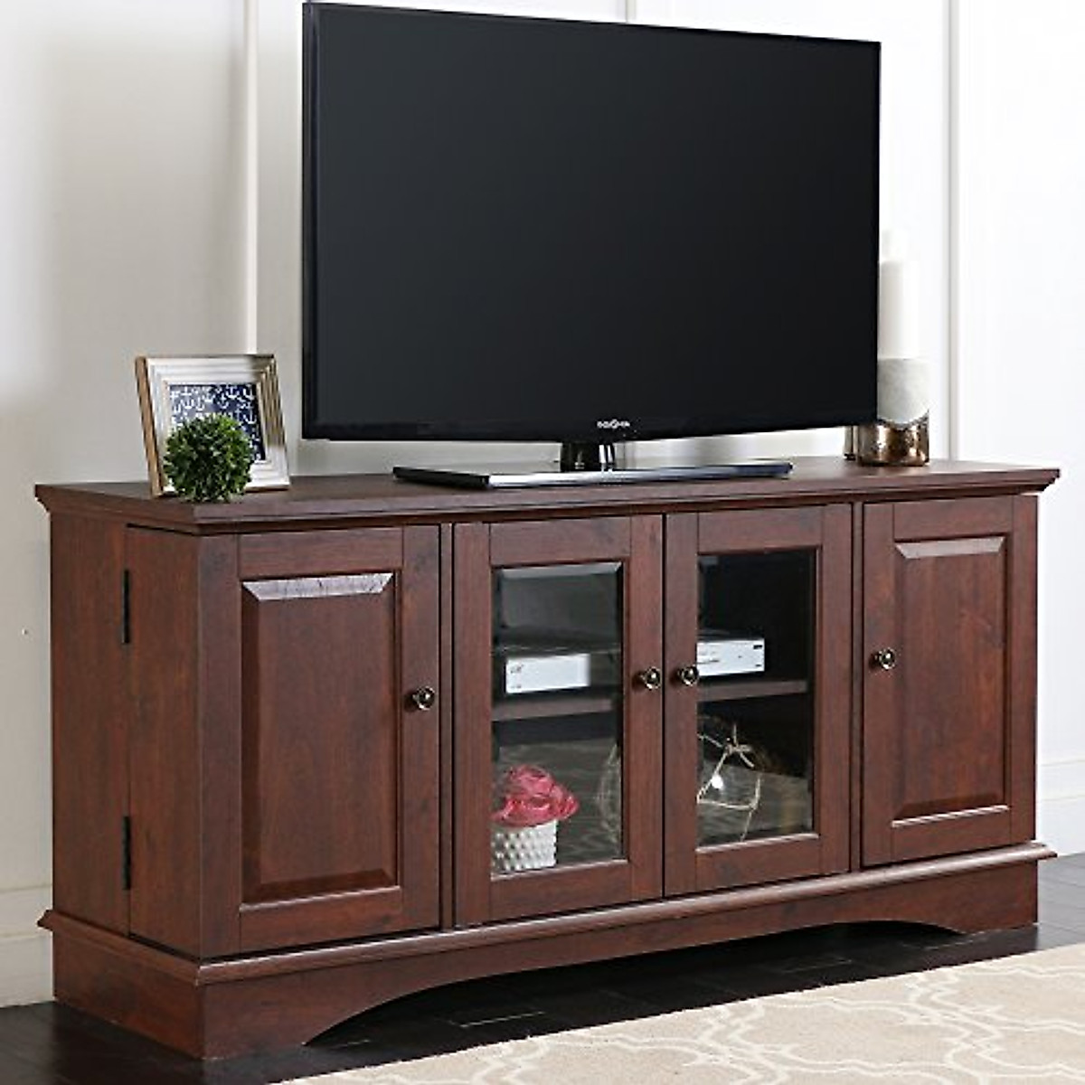 Walker Edison Traditional Wood Universal TV Stand with Storage Cabinets for TV's up to 65" Living Room Entertainment Center, 44 Inch, Traditional Brown