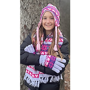 N'Ice Caps Kids Hat Glove Scarf Girls Winter Knit Accessory Set Warm Sherpa Lined 3 Piece (8-12 Years, purple/turq/fuchsia/black)