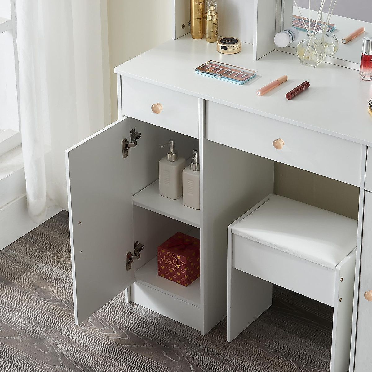 JBLCC Makeup Vanity Desk with Lights Mirror, Large Vanity Desk with Storage Shelf & Drawers,Makeup Vanity Dressing Table with Cushioned Stool for Bedroom (jbl 3072)