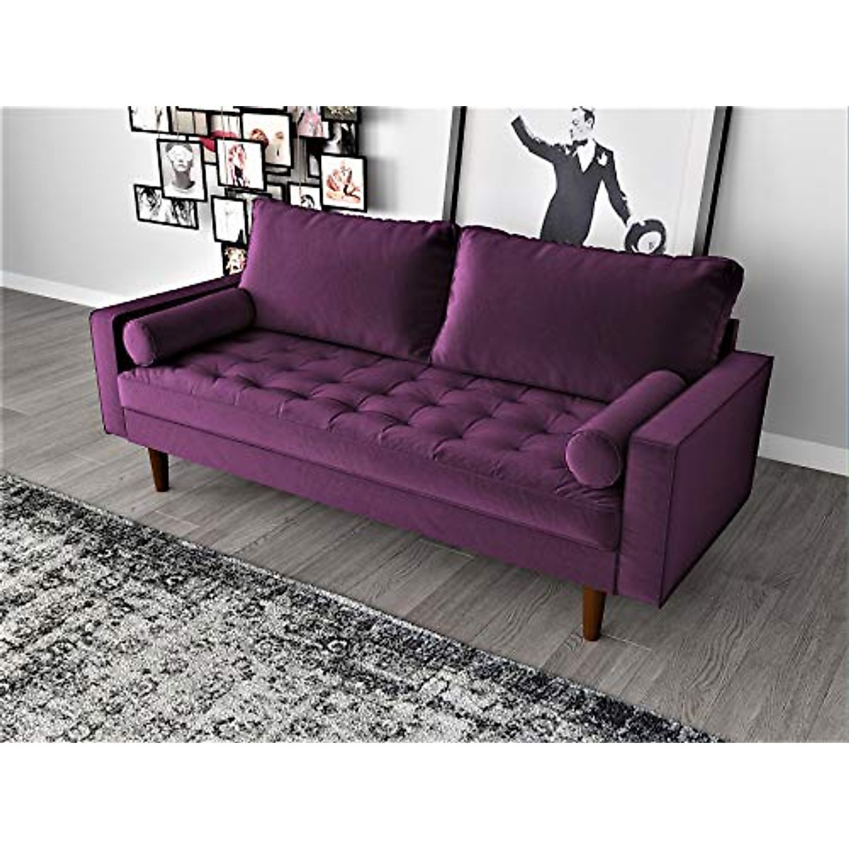 Container Furniture Direct Womble Modern Velvet Upholstered Living Room Diamond Tufted Chesterfield Sofa with Gleaming Nailheads, Purple