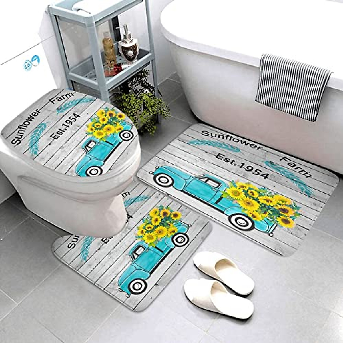 Dexsawoi 4pcs Rustic Sunflower Truck Shower Curtain Set with Non-Slip Sunflower Carpet, Toilet lid, and Bath mat. Bathroom Curtain with 12 Hooks 72 x 72 inches