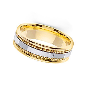 TGDJ Two Tone Gold Wedding Band - 7 mm Handmade Beautifully Crafted Wedding Ring for Couple - White Flat Gold Braided With Tight Yellow Gold ropes - Free Customized Engraving (14k Gold, 10.5)
