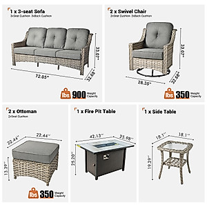 ovios Outdoor 7 Piece Patio Furniture with Fire Pit Table,Wicker Coversation Set with Swivel Rocking Chair,Comfy Sectional Deep Sofa with Ottoman for Outside Porch Balcony Backyard Pool,Dark Grey