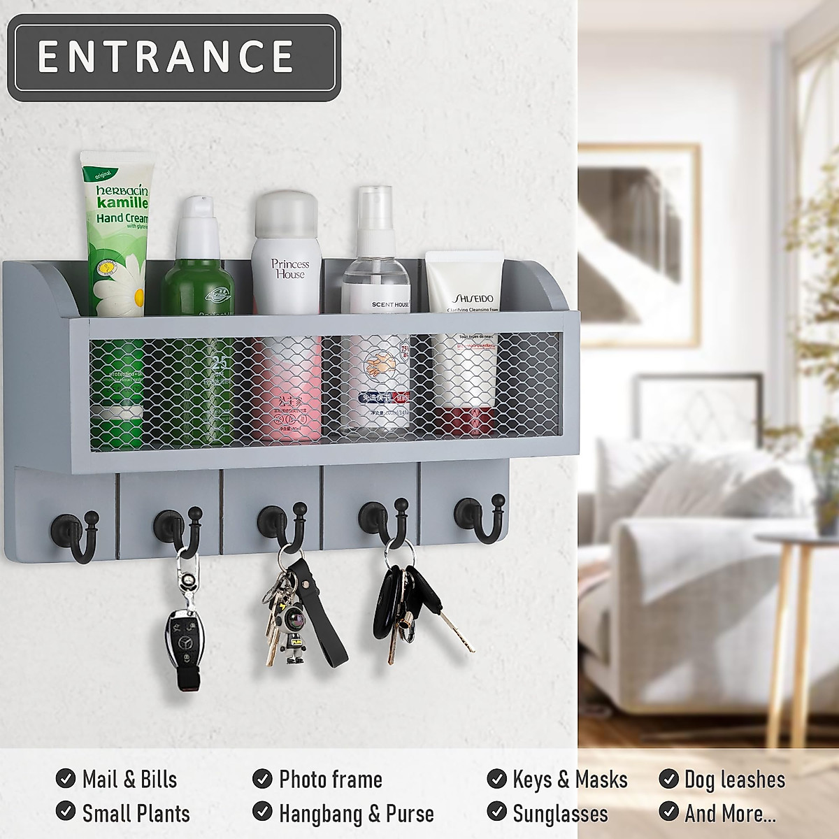 Ikviier Key Holder for Wall Decorative Made of Pine, Key Rack for Wall Grey, Key Hook for Wall with 5 Metal Hooks, Farmhouse Mail and Key Holder for Wall (Grey)