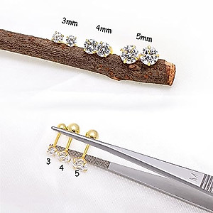 3 MM Cubic Zirconia Sterling Silver Plated Yellow Gold Stud Earrings for Women, Screw Ball Backing