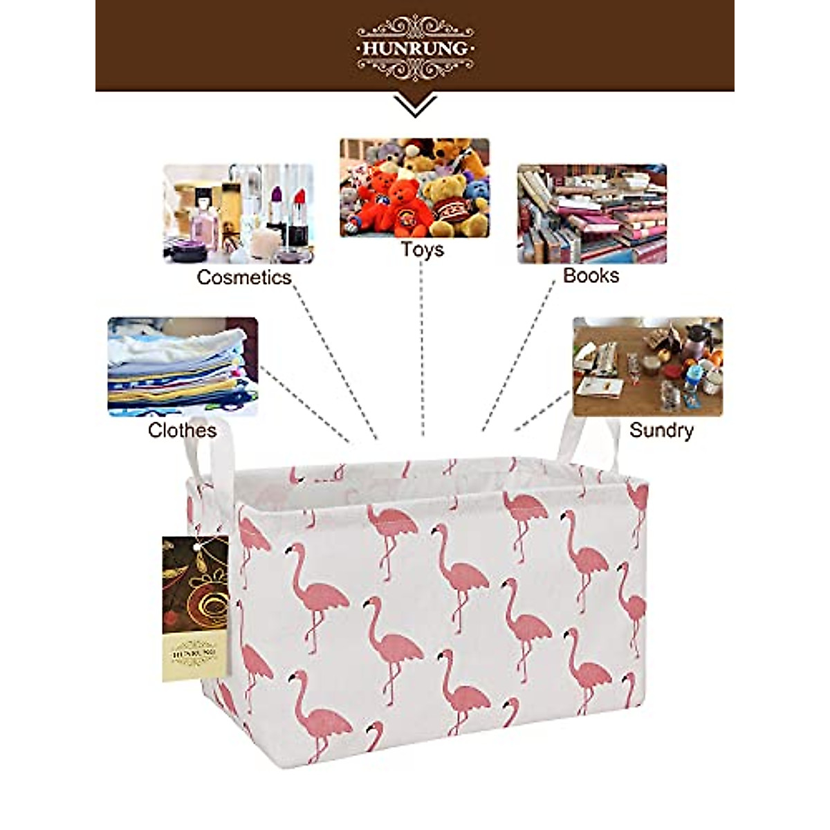 HUNRUNG Rectangle Storage Basket Cute Canvas Organizer Bin for Pet/Children Toys, Books, Clothes Perfect for Rooms/Playroom/Shelves (Flamingo)