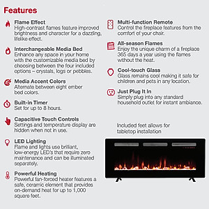 Dimplex Sierra 72" Wall-Mounted/Tabletop/Built-in Electric Linear Fireplace (Model: SIL72), 4777 BTU, 120 Volt, 1400 Watt, Black