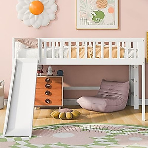 HBRR Full Size Loft Bed with Slide, Wood Low Loft Bed Frame with Ladder & Safety Guardrail, for Kids Boys Girls, White