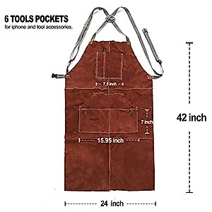 TULGIG's Leather Welding Aprons for Men/Women with Gloves-Adjustable Strap Leather Apron with 6 Tool Pockets-Heat Resistant Heavy Duty Wood Working Apron-Safety Apparel 42 x 24 Blacksmith Apron