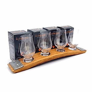 Barrel-Art Premium 4 Glass Whiskey Flight/Natural (light Oak)/ Crystal Glasses