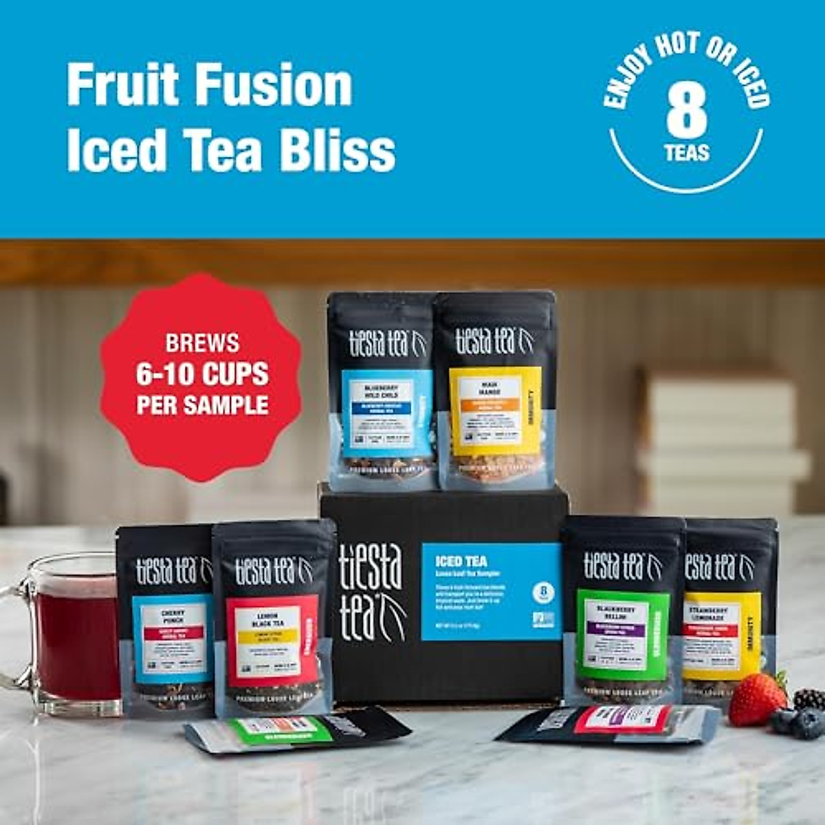 Tiesta Tea - Iced Tea Sampler Dry Flight Set | Loose Leaf | High to No Caffeine | Makes Cold Brew Iced Drink | Assorted Brew Sets with Herbal, Black, Fruit Blends & More | 8 Resealable Sample Pouches