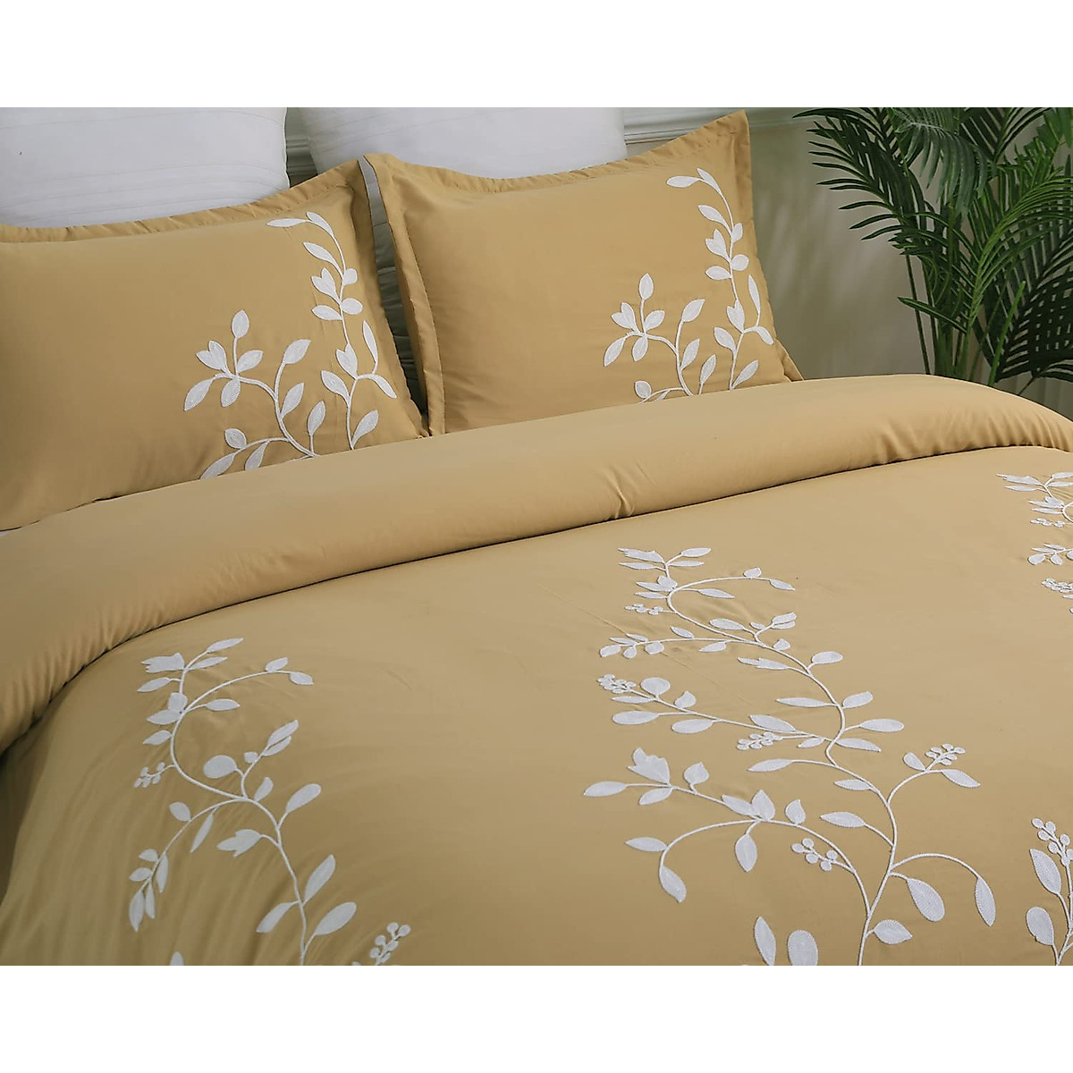 Dykoos Soft Brushed Microfiber Duvet Cover Set, Floral Branches Embroidered, Black and White, King Size with Zipper Closure and Corner Ties, 1 Duvet Cover and 2 Pillow Shams