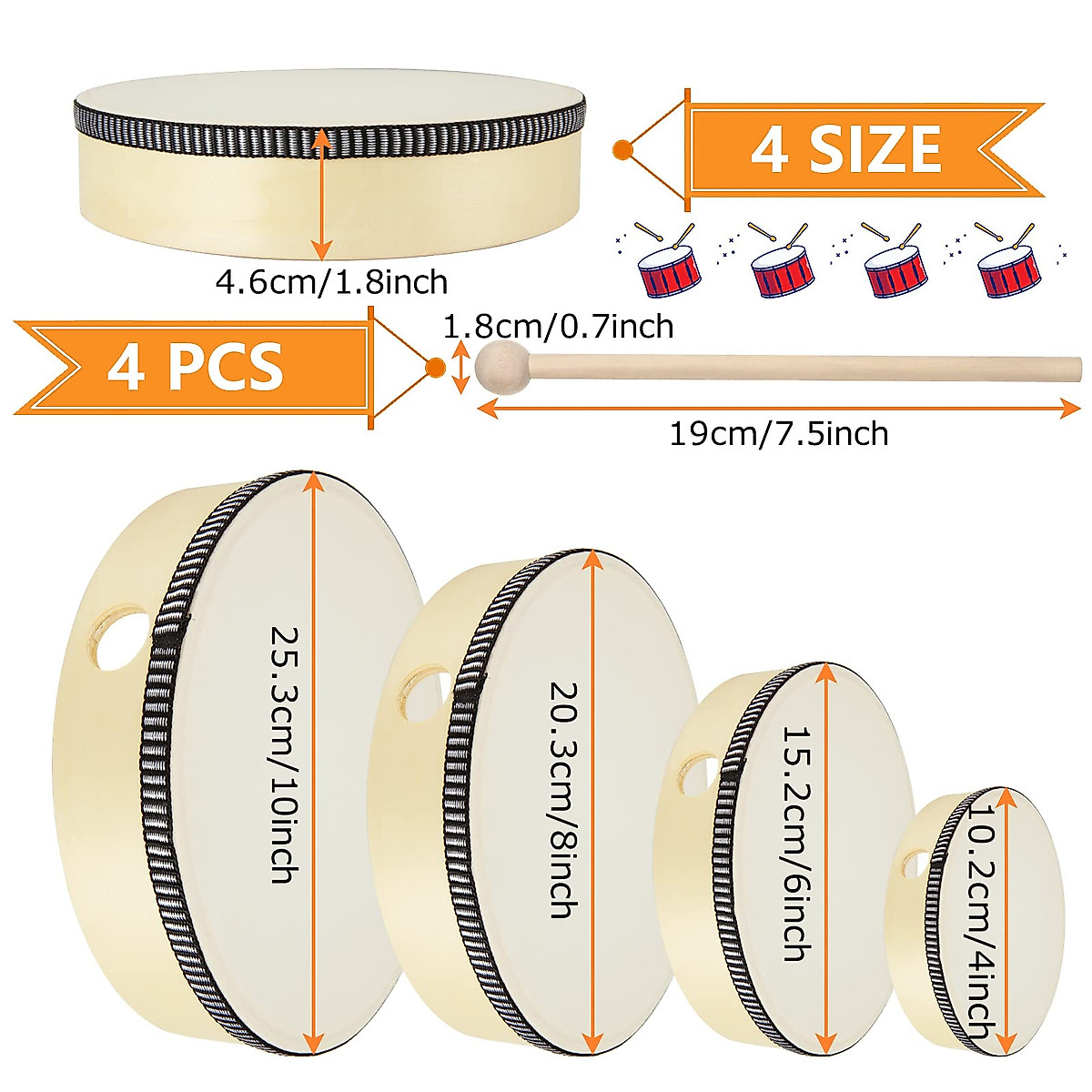 DAJAVE 4 Pack Hand Drums with Drum Stick 4Inch 6 Inch 8 Inch 10 Inch, Percussion Wood Frame Drum with 4 Sticks, Musical Instruments for Drums Beginners for Home School Party Supplies