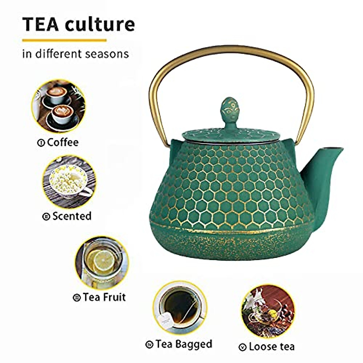 Cast Iron Tea Kettle, Japanese Tetsubin Teapot Coated with Enameled Interior, Durable Cast Iron Teapot with Stainless Steel Infuser for Stovetop Safe(1000ml/34oz)