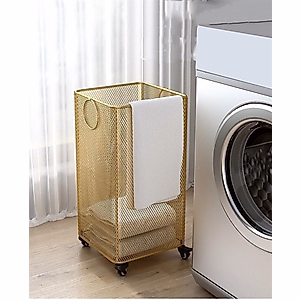 Square Rolling Hamper, Laundry Basket with Wheels and Handle, Metal Laundry Basket with 360° Wheels, Iron Construction and Ventilated Design, Laundry Room Storage Basket(Gold)
