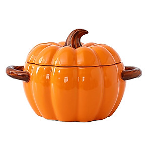 FTNESGYM Pumpkin Soup Bowl, 64oz Ceramic Pumpkin Pot Microwave & Dishwasher Safe Pumpkin Casserole Dish with Lid, Dutch Oven Pot Stockpot Cookware for Home Thanksgiving Halloween Party (Orange)