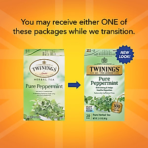 Twinings Pure Peppermint Herbal Tea Individually Wrapped Bags, 20 Count (Pack of 1), Fresh Minty Flavour, Naturally Caffeine-Free, Enjoy Hot or Iced | Packaging May Vary