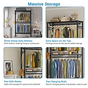 VIPEK V12 Heavy Duty Rolling Garment Rack 3 Tiers Adjustable Wire Shelving Clothes Rack with Double Rods and Side Hooks, Freestanding Wardrobe Storage Rack Metal Clothing Rack, Black