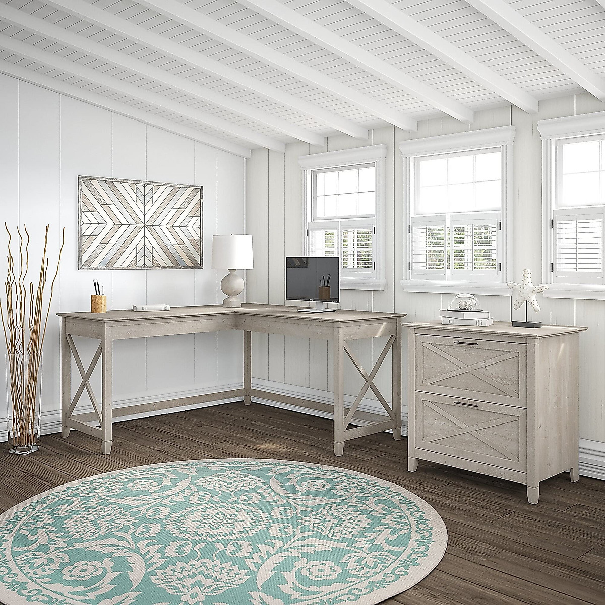 Bush Furniture Key West 60W L Shaped Desk with 2 Drawer Lateral File Cabinet in Washed Gray