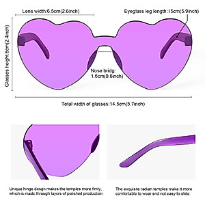 JFTOWN 12 Pairs Heart Shape Rimless Valentines Sunglasses Candy Color Frameless One Piece Love Glasses for Women Party Favor (Purple)