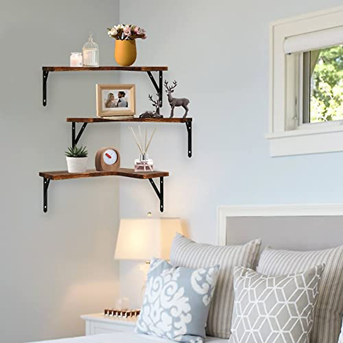 iiidol Corner Floating Shelves ,Set of 4 Wall Mounted Corner Shelf Rustic Wood Wall Shelves Storage Display Shelf Decor for Living Room, Bedroom, Kitchen (Arbonized Black)