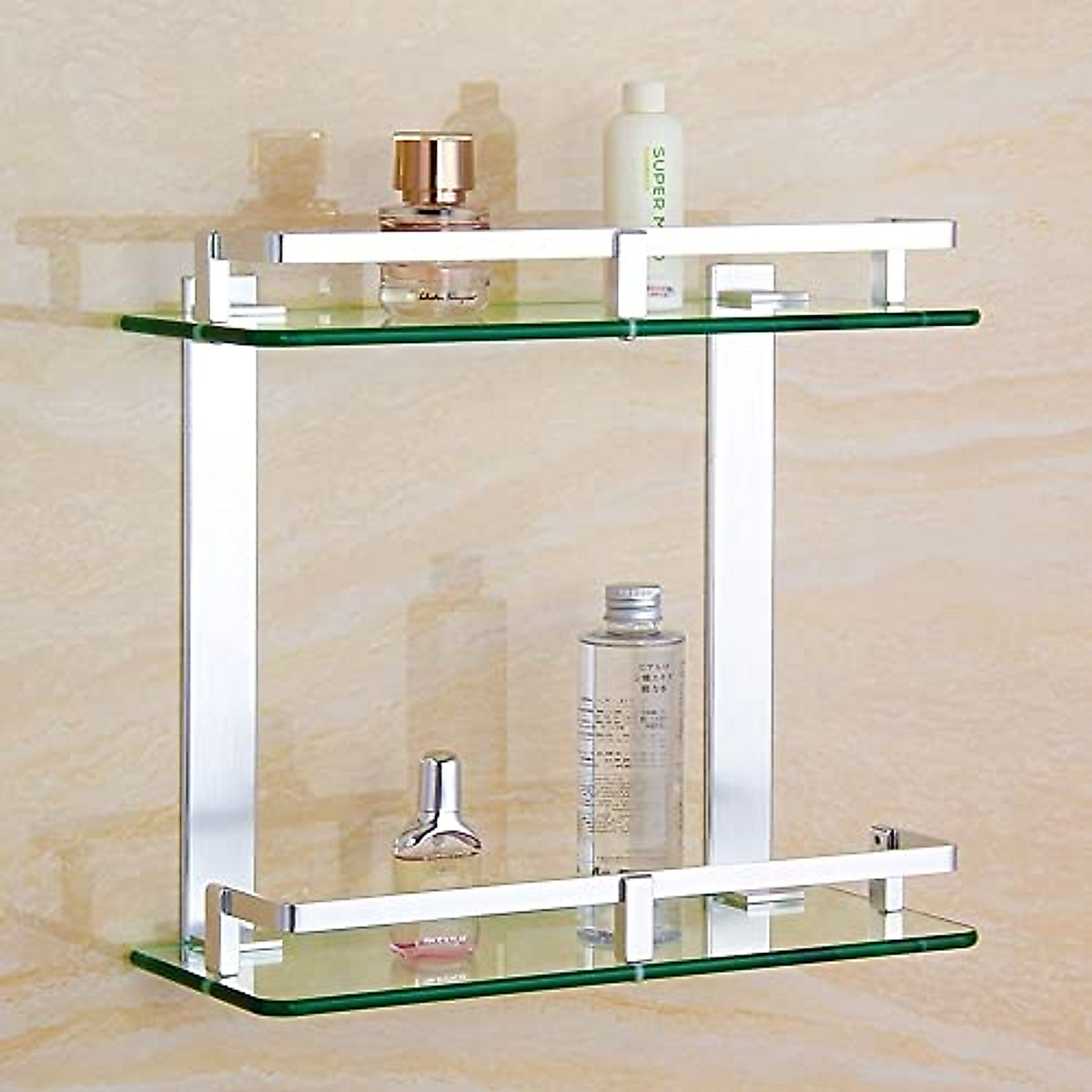 BUNCC Wall Mounted Space Aluminum Shampoo Soap Storage Holder Glass Bathroom Shelf 2 Layers Tempered Glasses Shelves Bathroom Accessories
