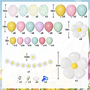 Amandir 162Pcs Daisy Balloon Garland Arch Kit, White Groovy Flower Pastel Balloon Arch Pink Yellow Blue Green Purple Balloons Daisy Banner for Birthday Baby Shower Bridal Wedding