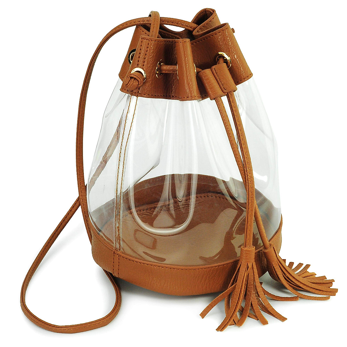 HOXIS Clear Purse Drawstring Bucket Crossbody Bag with Tassel Women PVC shoulder handbag for stadium approved (Brown)