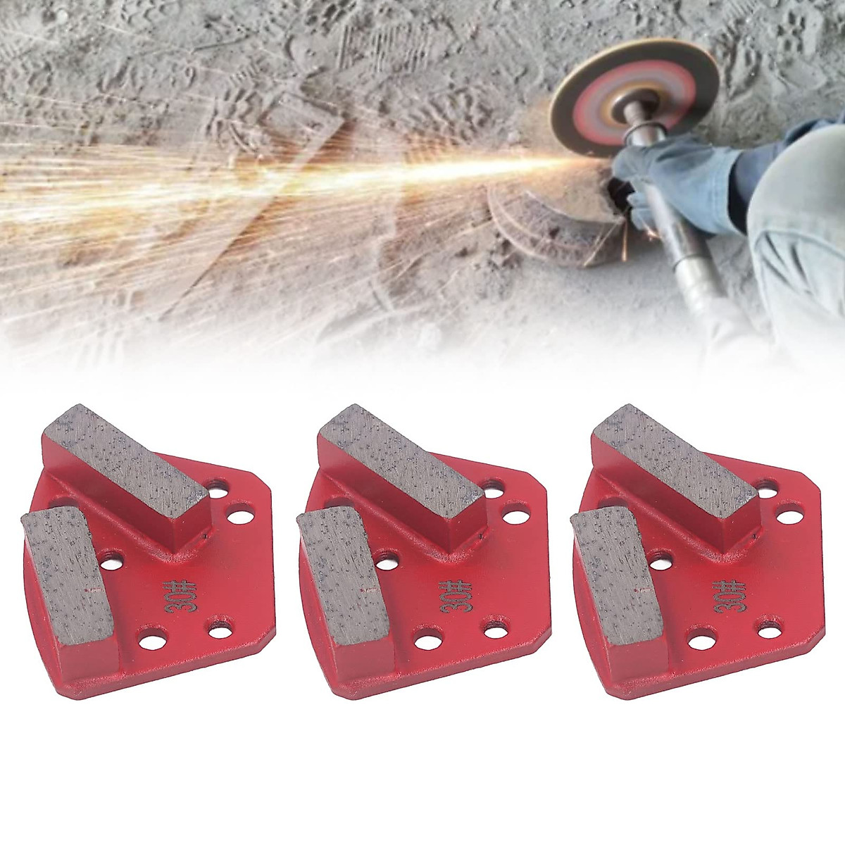 Diamond Grinding Shoes, 3Pcs 30 Grits Trapezoid Concrete Floor Cutting Tool Red with 2 Long Straight Teeth, for Polishing of Concrete