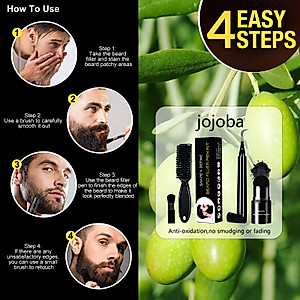 Beard Pencil Filler for Men Black, 4-Tip Beard Filler Pen Waterproof & Long Lasting Natural Makeup Beard Pen with Beard Brush Detailing Filler Moustache & Eyebrows (Black Beard Pen Kit)