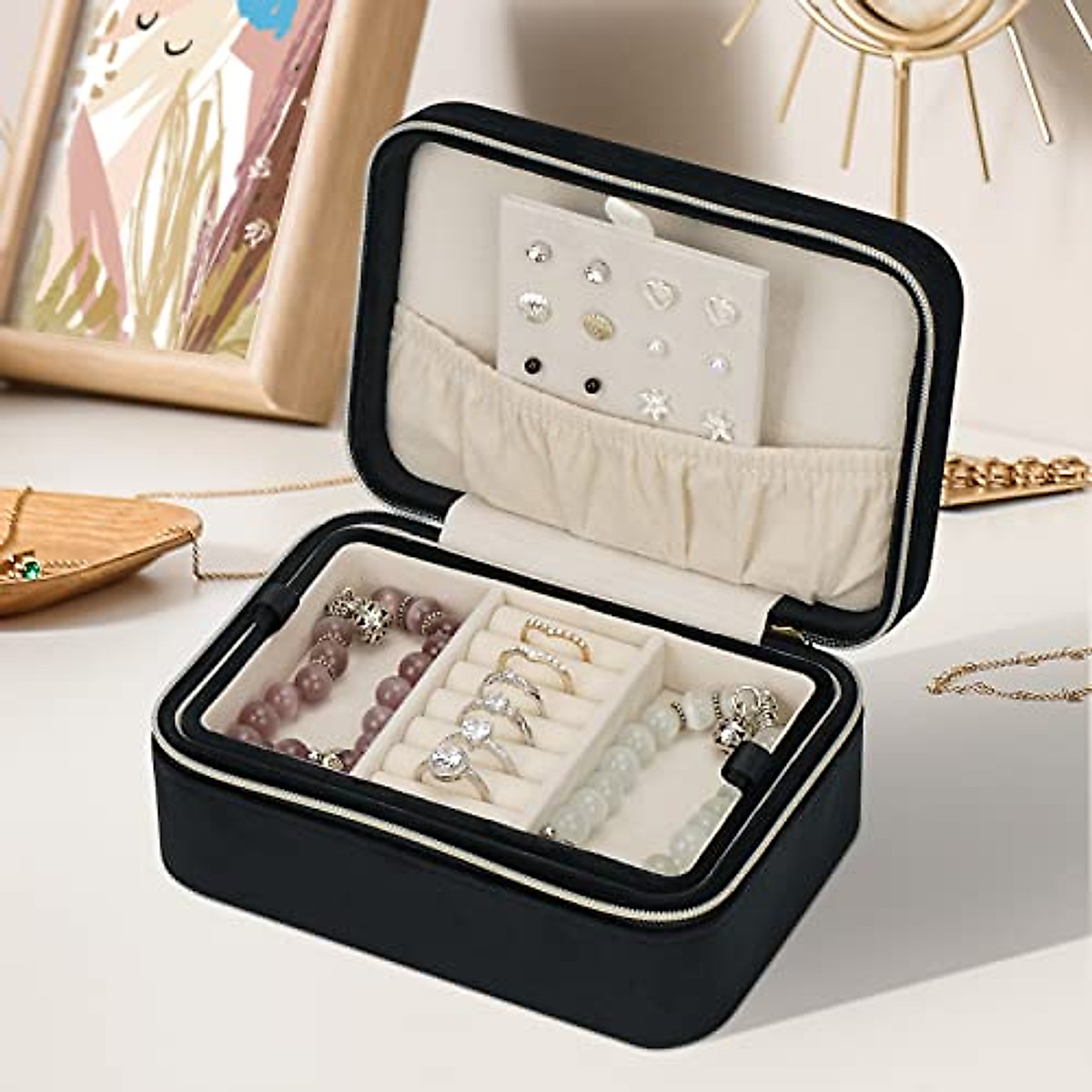 ATAIMEISEN Travel Jewelry Organizer Boxes Small Jewelry Box Portable Organizer Boxes 2 Layer Travel Jewelry Case Travel Mini Storage Organizer Box with Zipper for Gift Opinion/black