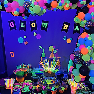 150Pcs NEON Balloon Garland Kit, Neon Glow in The Dark Balloon Arch with neon yellow, orange, pink, blue and neon polka dots Blacklight Balloons for Disco Party,Glows with Black Light Party Supplies