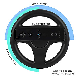 GEEKLIN Steering Wheel for Wii Controller, 2 pcs Black Racing Wheel Compatible with Mario Kart, Game Controller Wheel for Nintendo Wii Remote Game