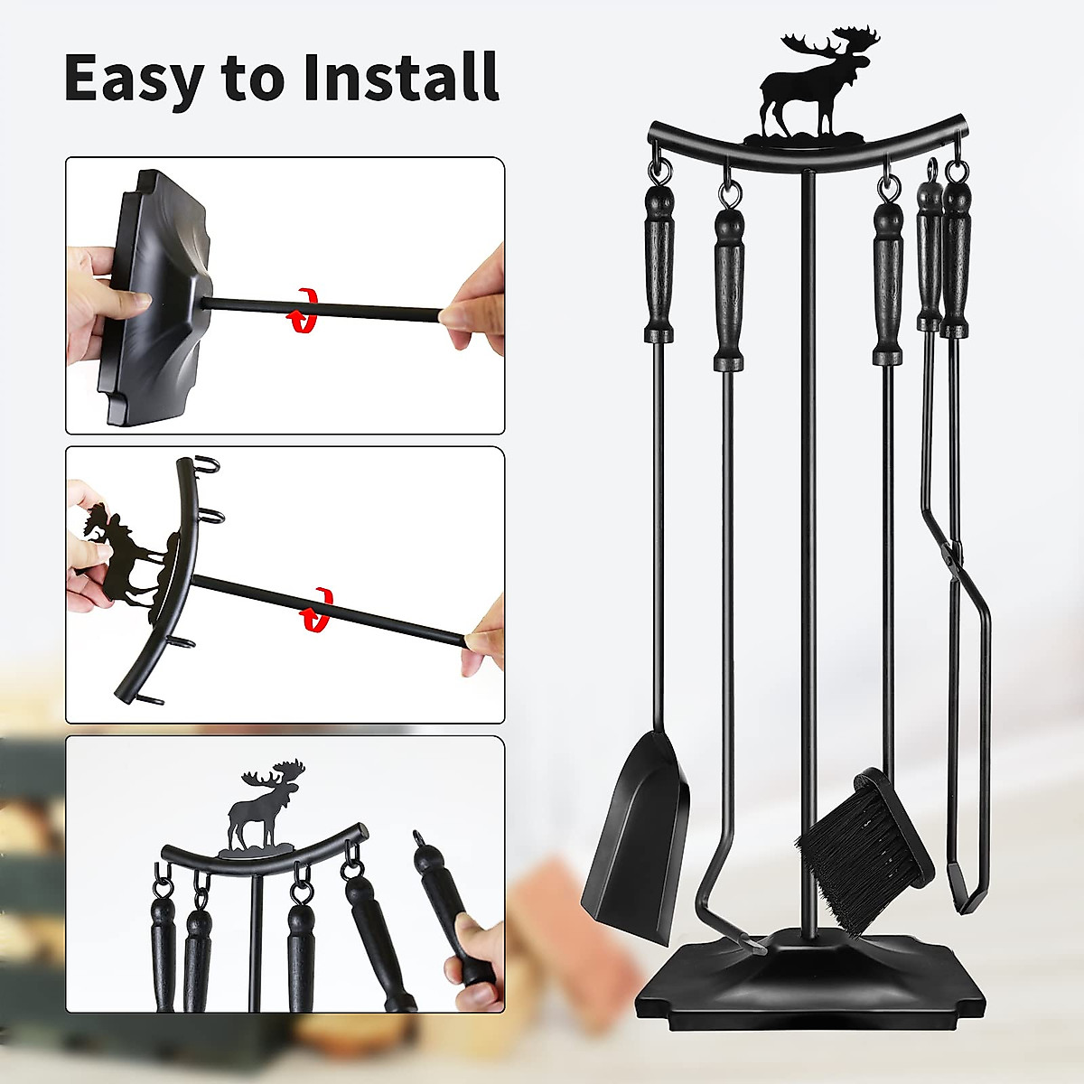 Firesrc 5Pcs Fireplace Tools Set Black Handle Wrought Iron and Holder Outdoor Fireset Fire Pit Stand Indoor Rustic Tongs Shovel Antique Brush Chimney Poker Wood Accessories Kit