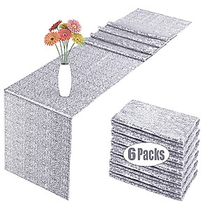 6 Pack Sequin Table Runner Silver, 12 x 108 inch Glitter Silver Table Runner for Rectangle Table for Birthday, Wedding, Banquet, Holiday Party Decorations & Baby Shower