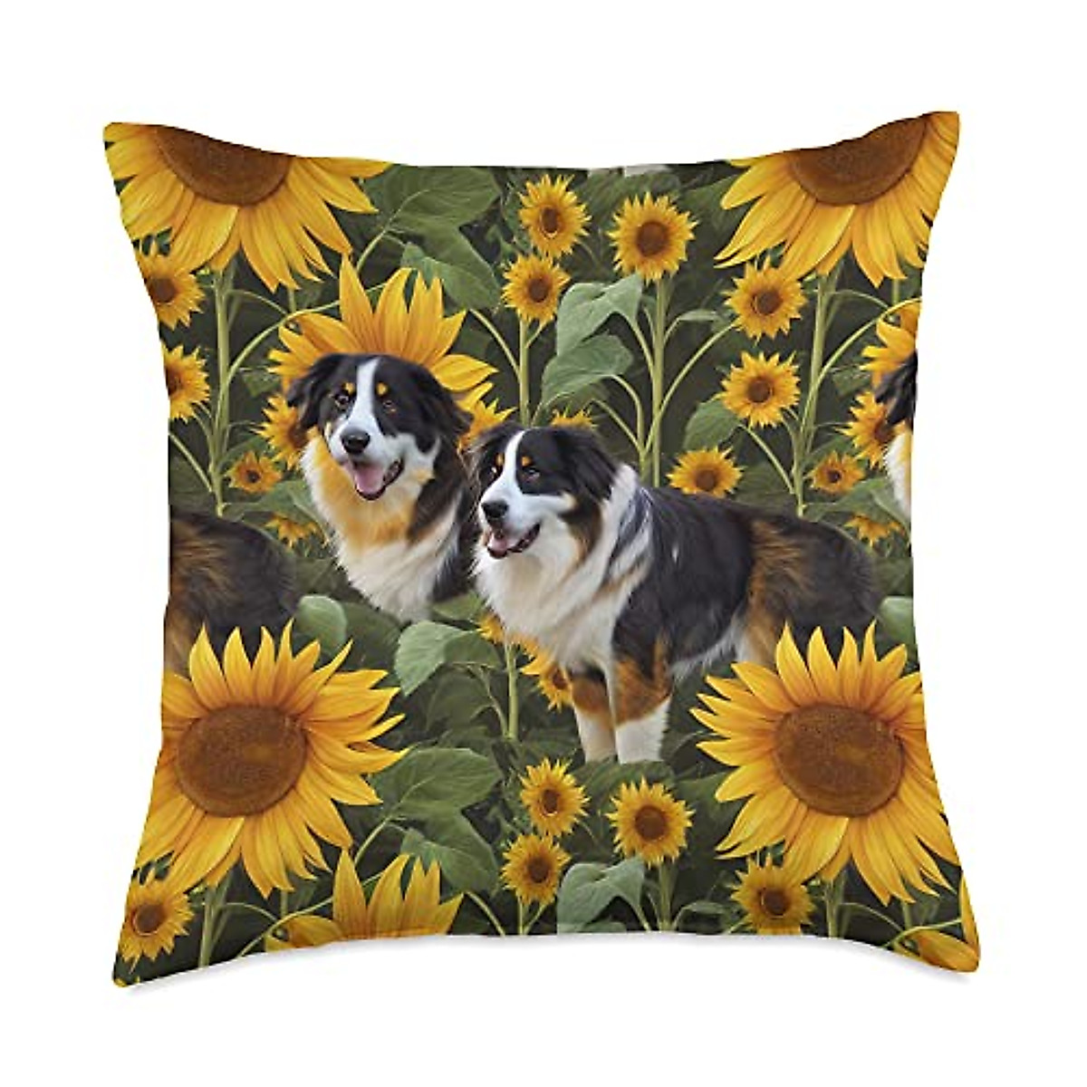 Australian Shepherds Lovers Accessories Cute Australian Shepherds Enchanted Sunflower Garden Drawing Throw Pillow, 18x18, Multicolor