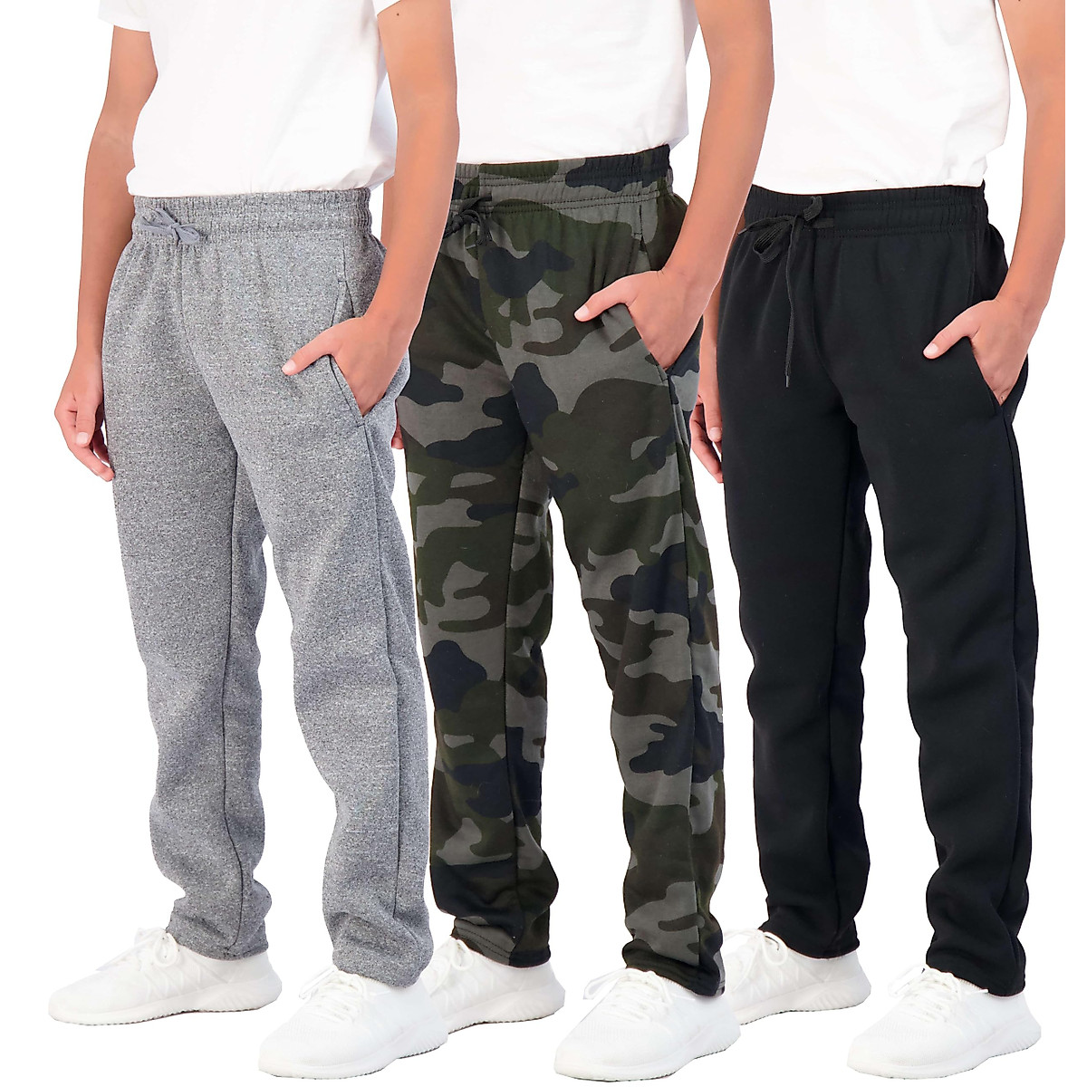 Real Essentials 3 Pack Boys Athletic Pants Sweatpants Active Kids Teen Open Bottom Fleece Youth Training Pajama Performance Workout Activewear Sports Running Quick Dry Dri Fit- Set 5,S(6-7)