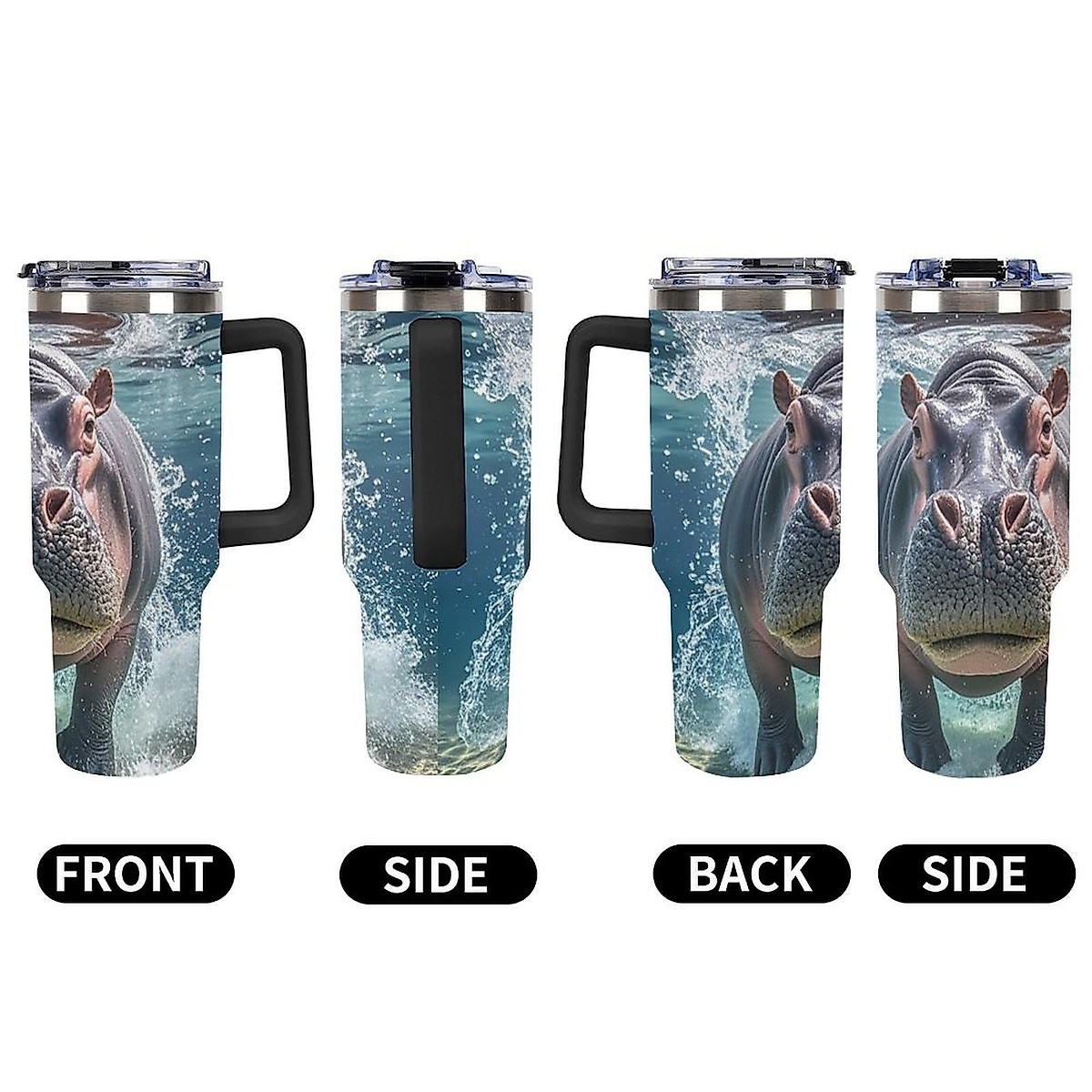 FHECVBN Black 40 Oz Insulated Tumbler with Handle Diving Hippo Printed Leakproof Water Bottle Coffee Mug Car Cup for Gym Outdoors Commute Work