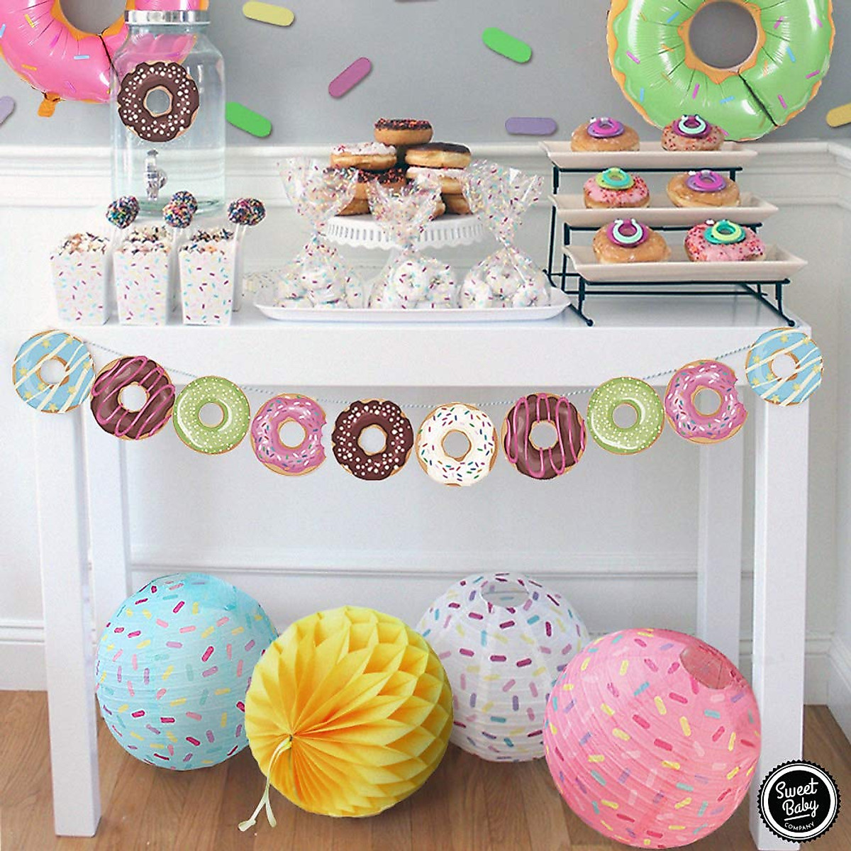 Sweet Baby Co. Donut Sprinkle Baby Shower Decorations Boy or Girl Party Supplies with Sprinkled With Love Gold Banner, Donuts and Candy Stripe Balloons, Backdrop, Garland, Lantern, Honeycomb Balls