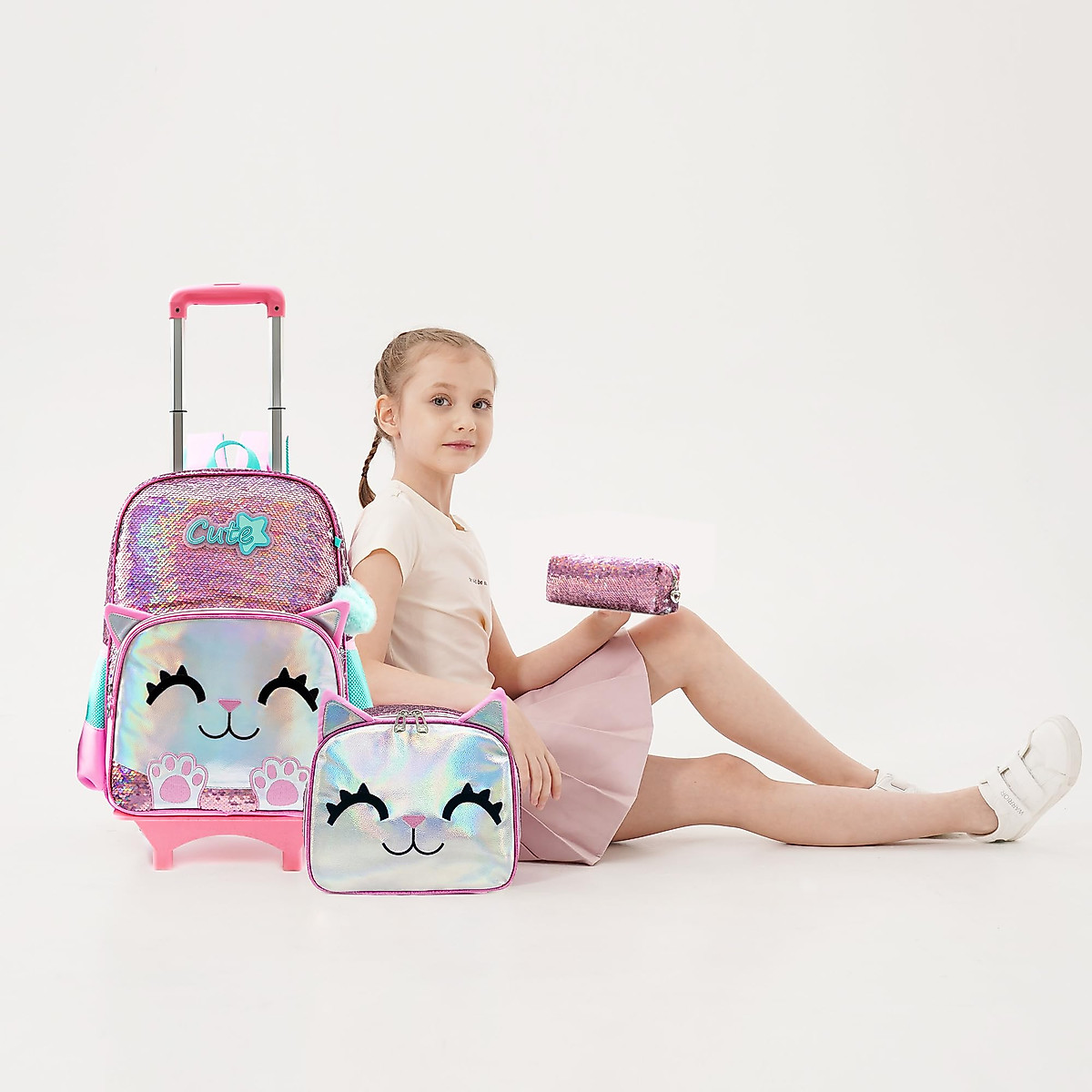 Backpack with Wheels for Girls Cute Rolling Pink Cat School Backpack Kids Sequin Roller Luggage Suitcase for Elementary Kindergarten Students with Lunch Box Pencil Case for Girls 5-12 Years Old