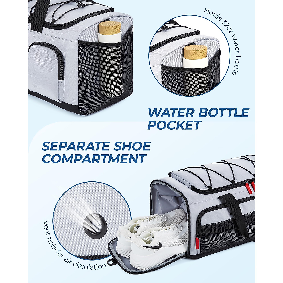 BAGSMART Gym Bag for Women & Men, 35L Sports Travel Duffel Bag with Shoe Compartment，Anti-Theft Carry On Weekend Bag for Airplane, Water Resistant Workout Overnight Backpack for Travel Gym,Grey