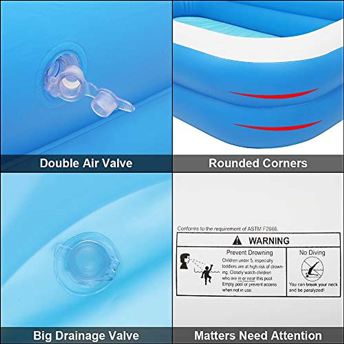 YOUBTQ Inflatable Swimming Pool,Inflatable Swim Pool for Kids, Indoor & Outdoor 102" x 70" x 22" Inflatable Swimming Pool - Wall Thickness 0.3mm for Kids, Adults,Garden, Backyard Water Party Blue